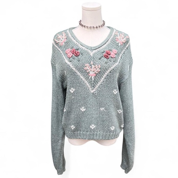 Vintage | Sweaters | Vtg Cottagecore Floral Hand Knit Sweater | Poshmark